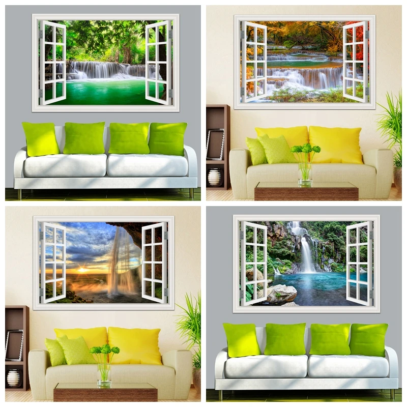 Wall Art Decal 3d Window View Waterfall Wall Sticker Vinyl Decal ...