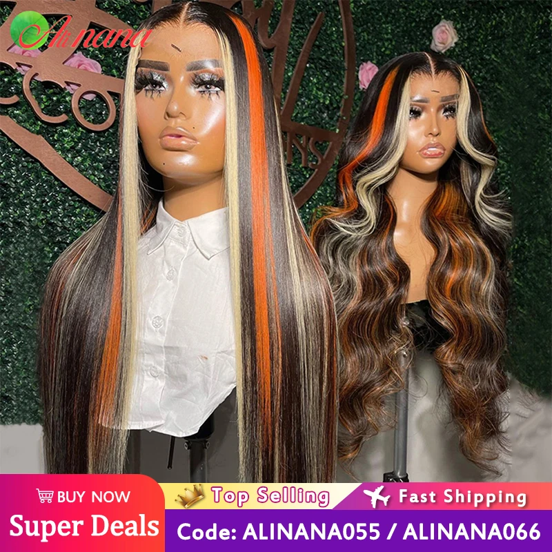 Highlights Orange Blonde Colored Straight Body Wave Human Hair Wig 13x6 ...