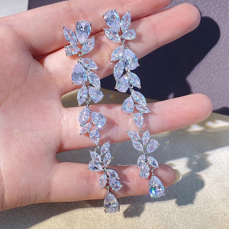 Uilz Fashion Cubic Zirconia Crystal Long Drop Leaf Earrings for Elegant ...