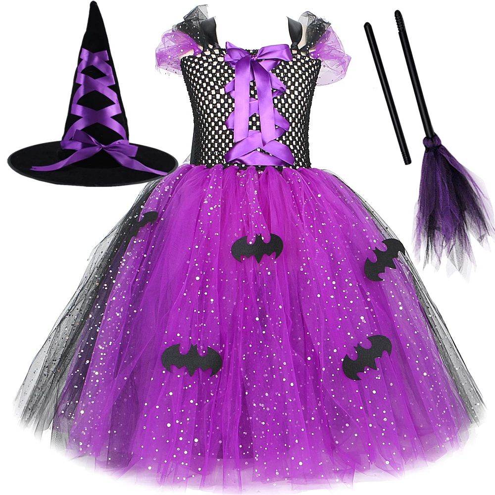 Sparkly Witch Halloween Costumes for Girls Purple Black Bat Long Tutu ...