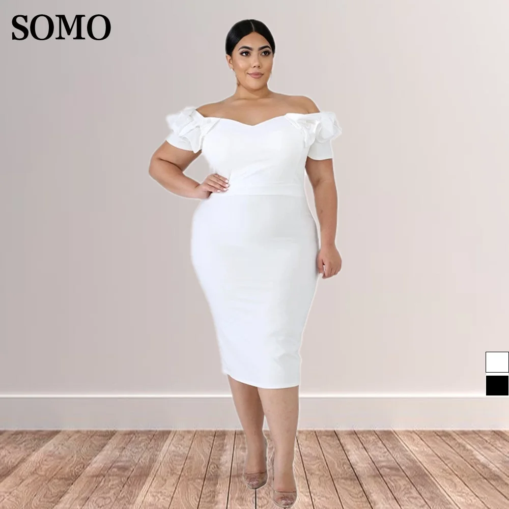 Plus-Size-Women-Summer-Midi-Short-Sleeve-Off-Shoulder-Casual-Solid-Classy-Zipper-Large-Sexy ...