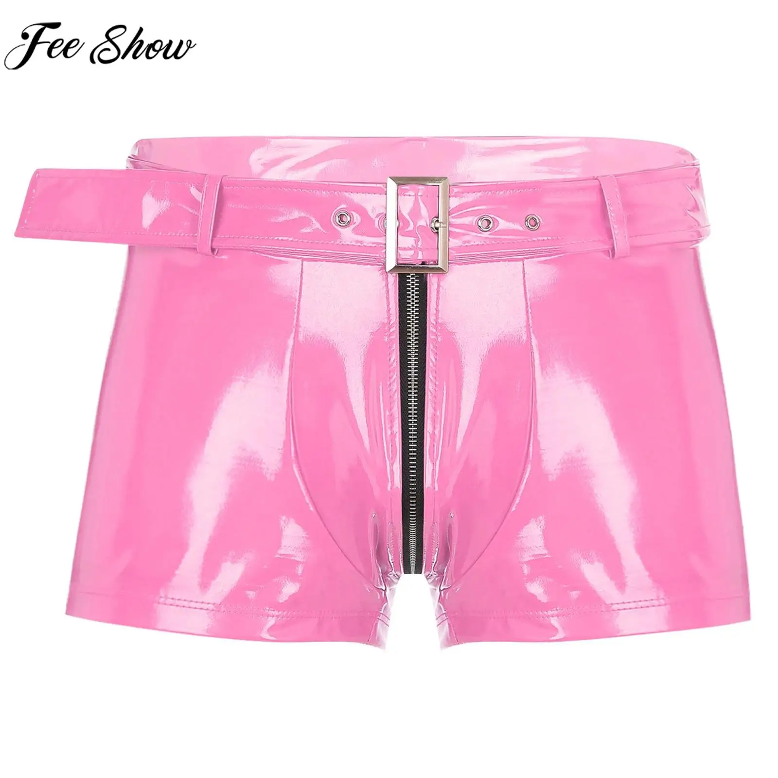 Men-Sexy-Patent-Leather-Zipper-Crotch-Boxer-Shorts-with-Belt-Nightclub ...