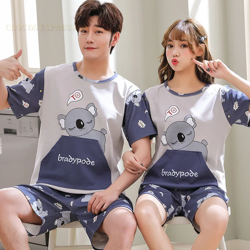 Summer New Knitted Cotton Couple Cartoon Men's Pyjamas Red Pajamas Set ...