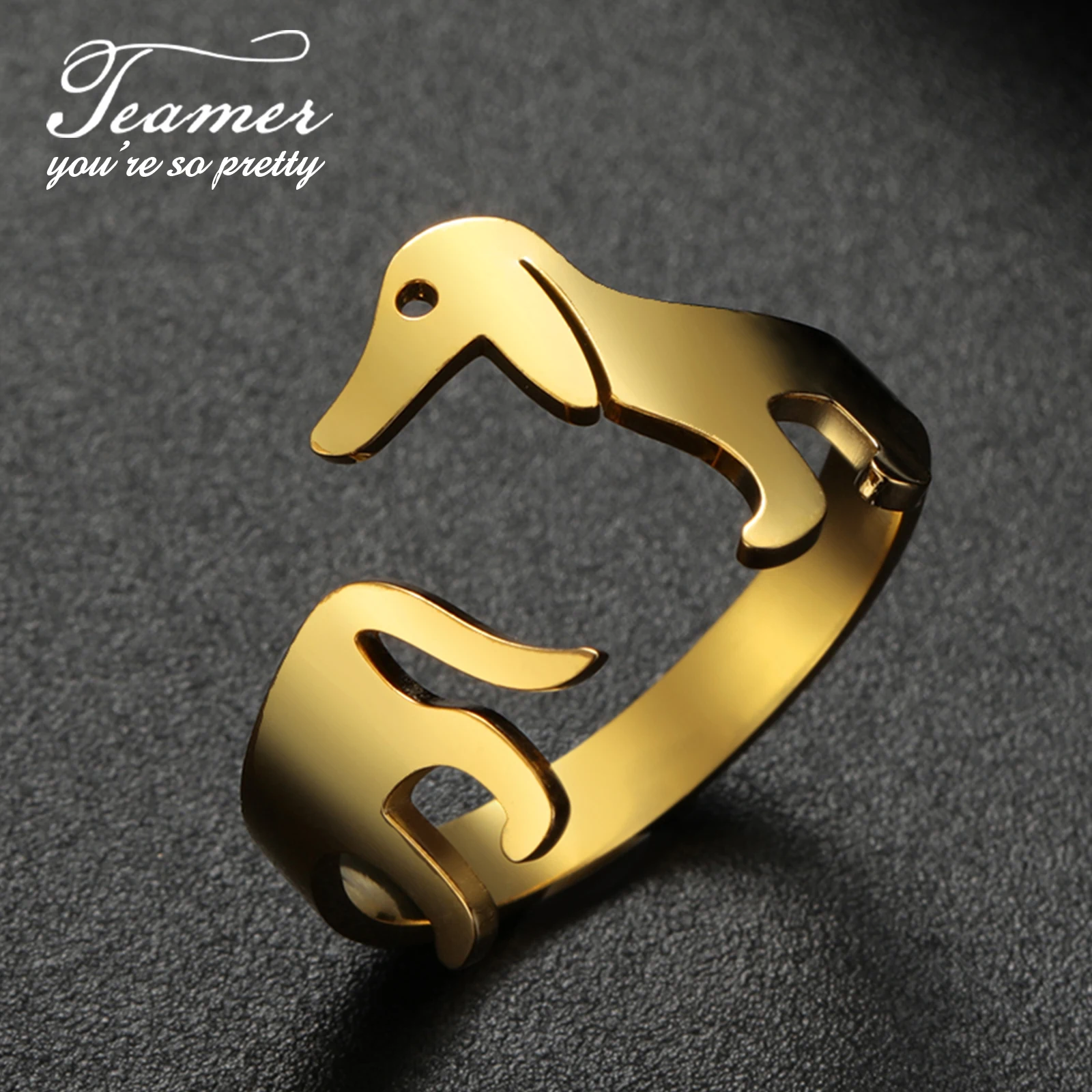 Teamer-Cute-Sausage-Dog-Adjustable-Stainless-Steel-Ring-Gold-Color ...