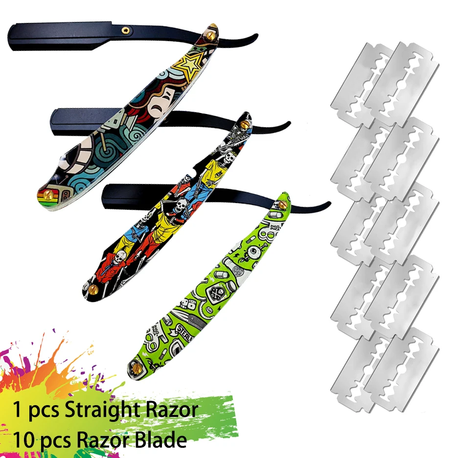 Straight-Edge-Razor-with-10-Shaving-Blades-Haircut-Beard-Eyebrow ...