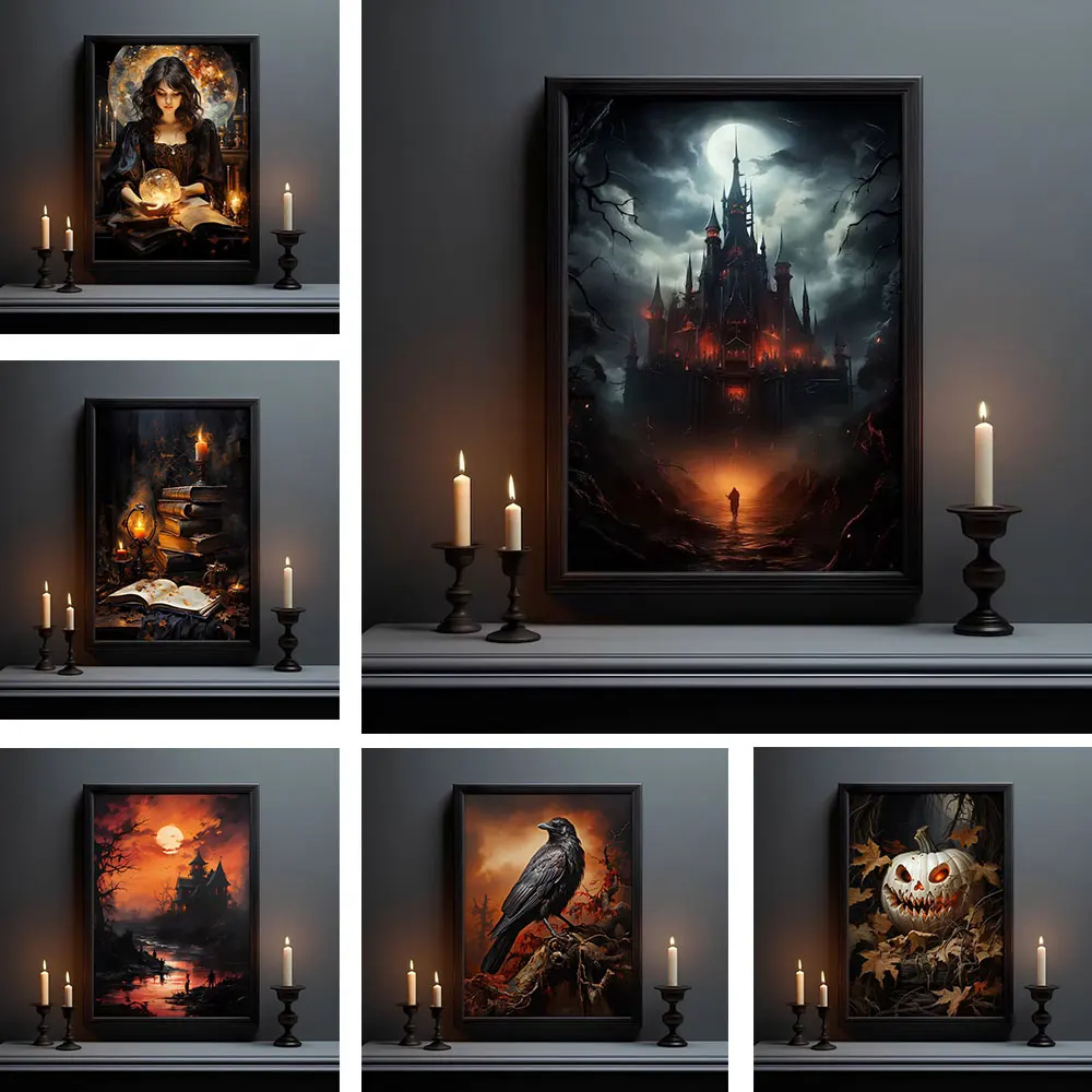 Retro-Gothic-Magic-Witch-Crow-Castle-Canvas-Print-Dark-Style-Terrifying ...