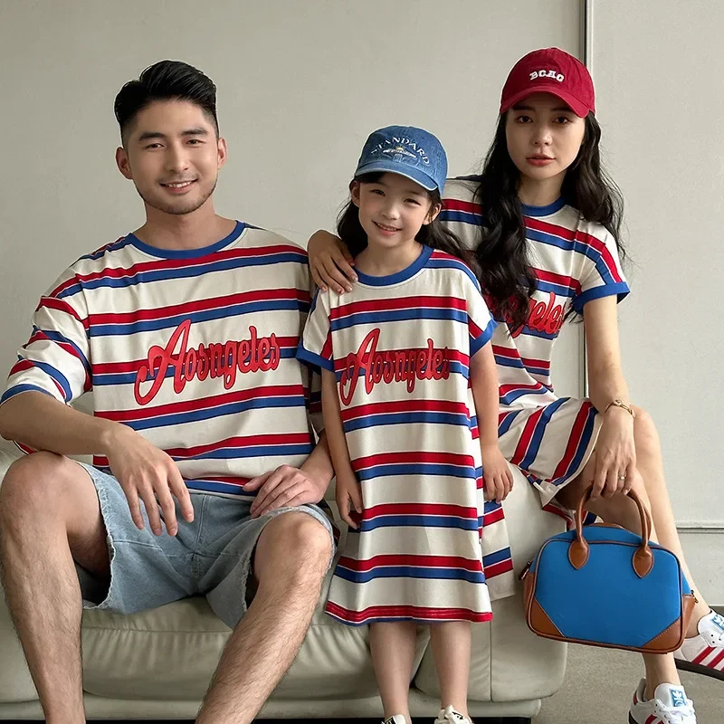 2026 Summer Parent-child Matching Outfits Striped Letter Short Sleeve T ...