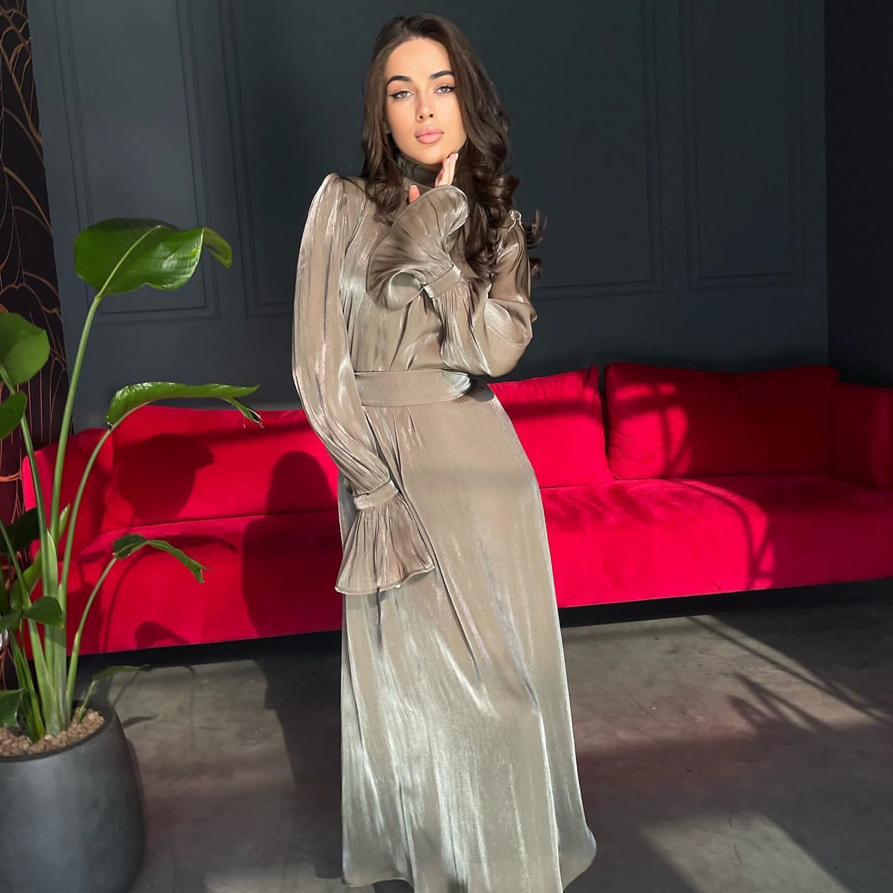 Shiny-Party-Abaya-Dress-for-Muslim-Women-Frilled-Stand-Collar-Flare ...