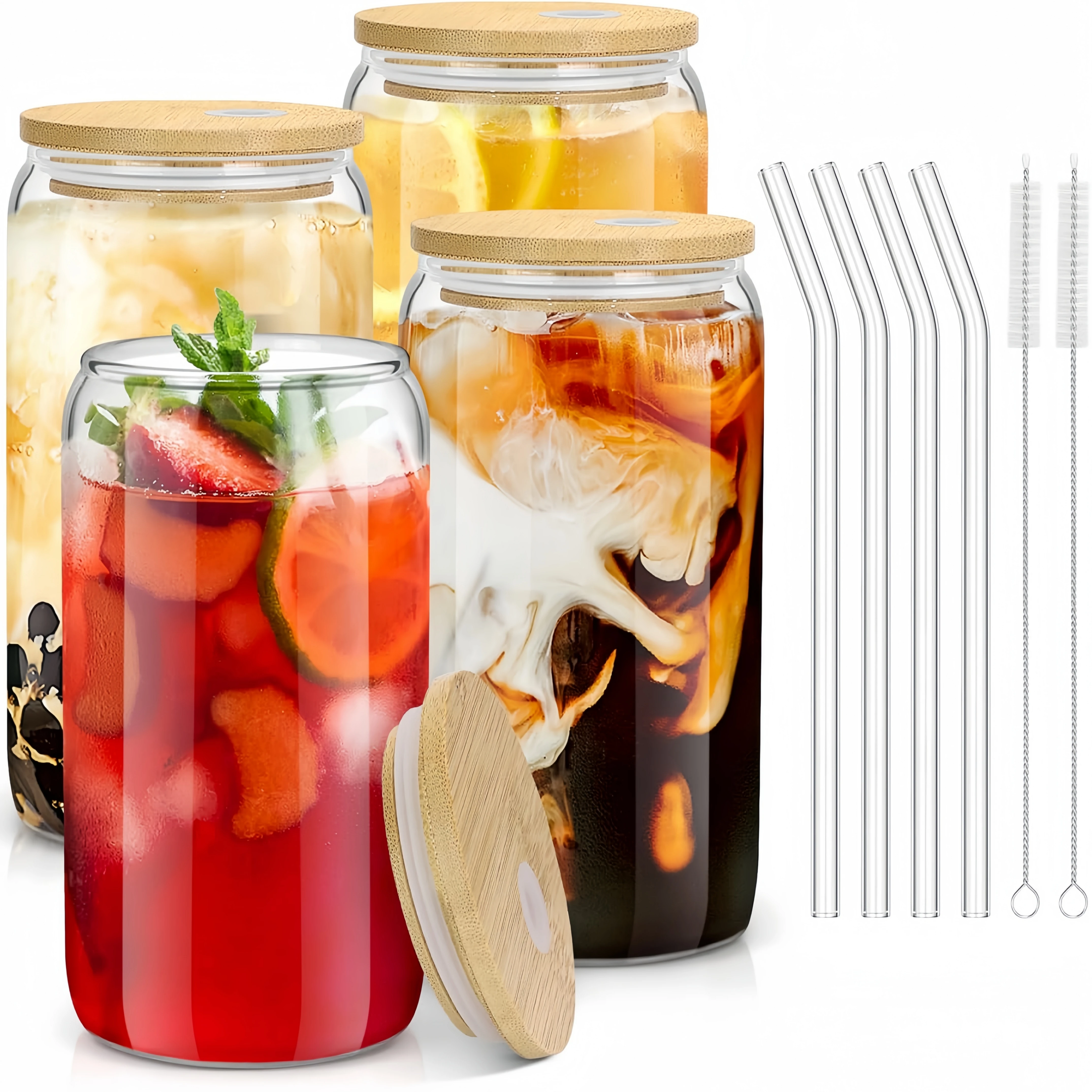 550ml Glass Cups with Bamboo Lids and Glass Straw Beer Milk Can Shaped ...