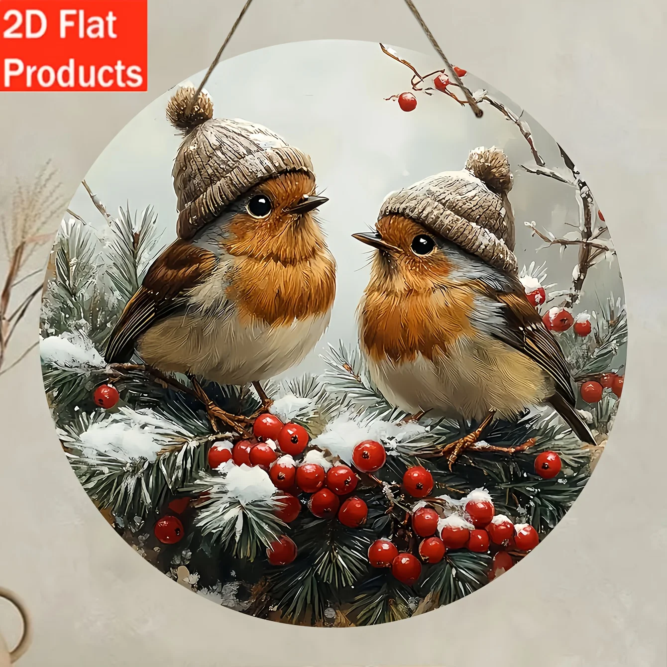 2D Flat, 1pc Round Wooden Wall Art - Charming Robin Birds with Berries ...
