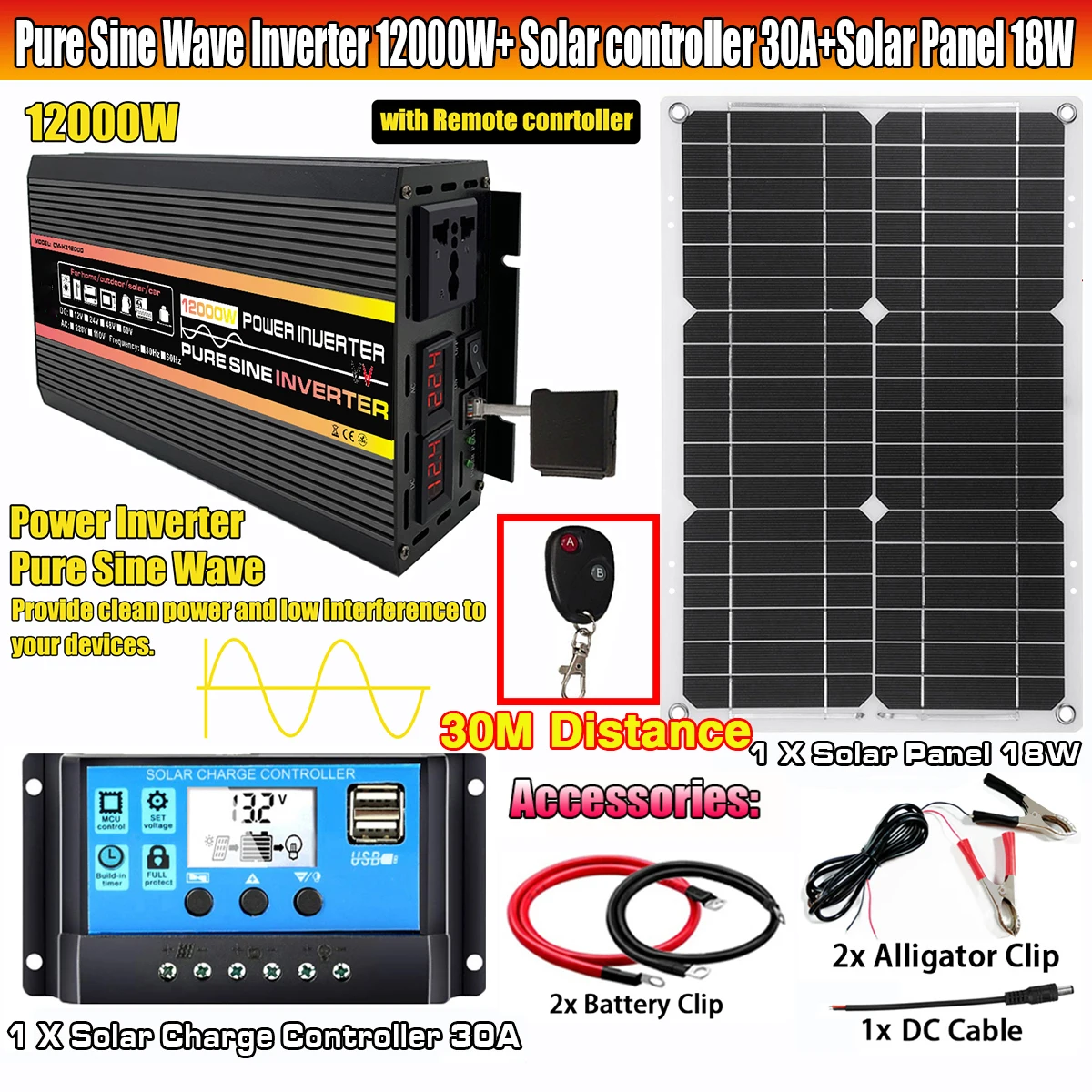 Panel Solar de onda sinusoidal pura, 8000W, 12000W, 10000W, Kit de inversor de corriente DC12V a ...