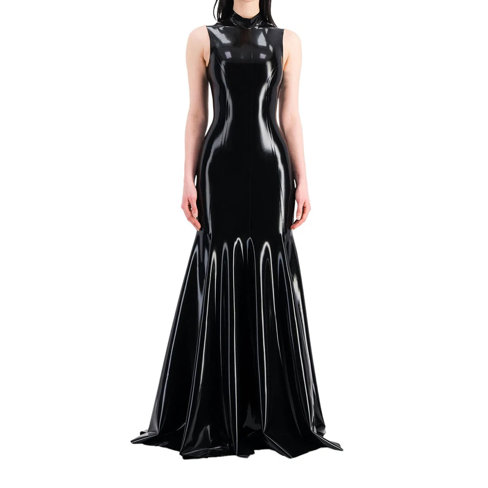 Women-Sleeveless-Half-High-Neck-Wet-Look-PVC-Maxi-Dress-Faux-Latex ...