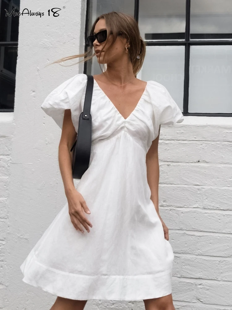 Mnealways18-vestido-blanco-de-lino-y-algod-n-para-mujer-minivestido-informal-con-manga ...