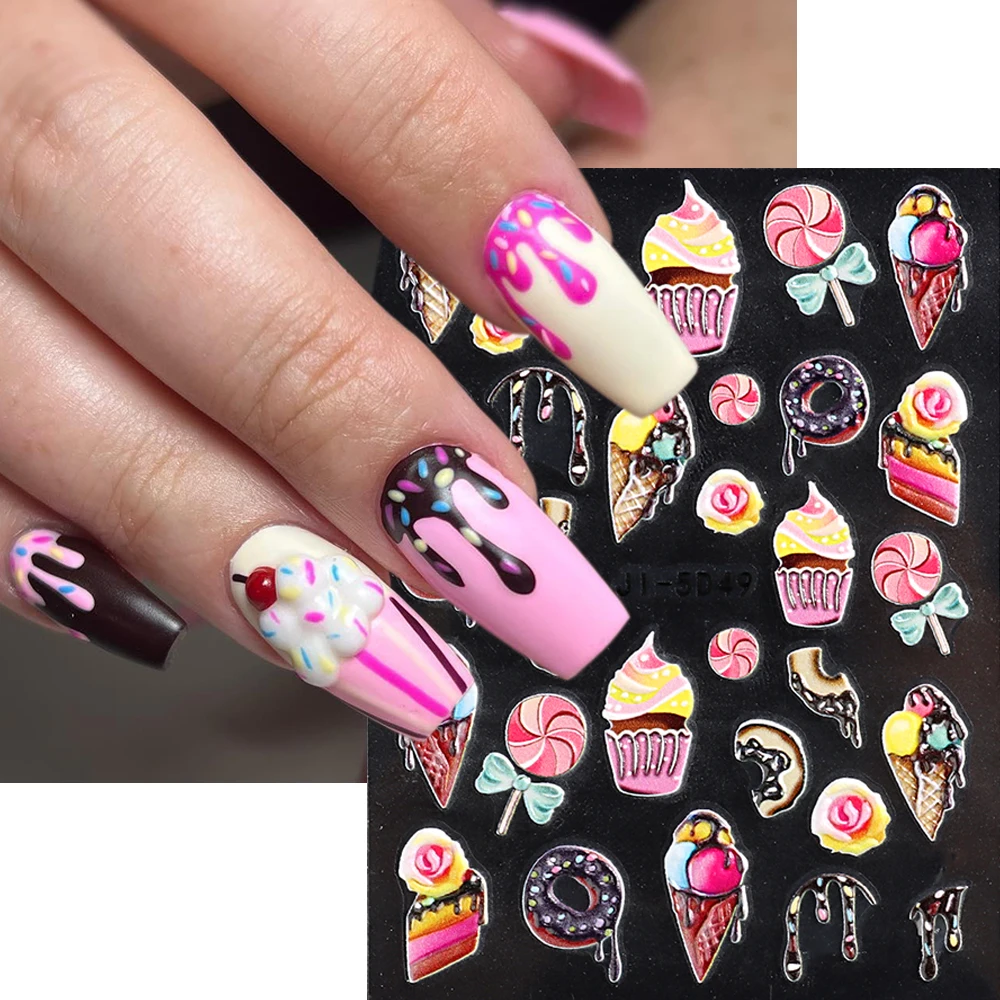 Ice-Creams-5D-Embossed-Nail-Stickers-Summer-Decor-Donuts-Desserts-Candy ...