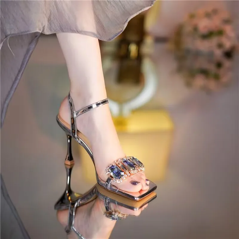 Sandalias con punta abierta para mujer, tacón fino con diamantes de ...