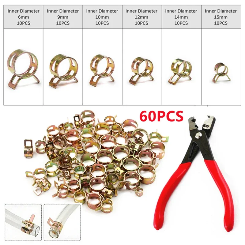60pcs-Spring-Hose-Clamps-6-15mm-Zinc-Plated-Spring-Clip-Fuel-Line-Hose ...