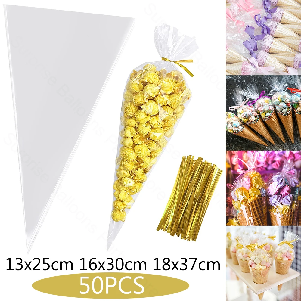 50pcs Cone Clear Cellophane Bags Transparent Plastic Gift Bag Twist ...