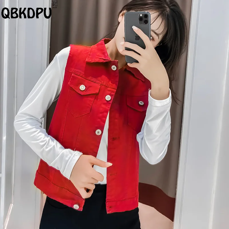 Oversize 6XL Red Denim Vest Women Casual Short Jean Sleeveless Jackets ...