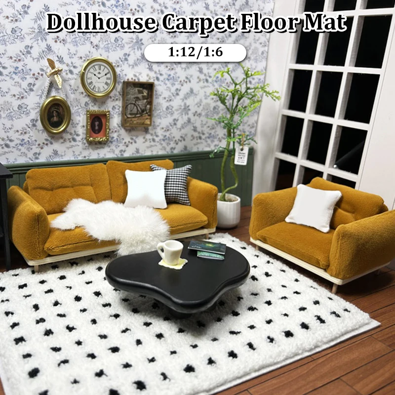 1:12/1:6 Dollhouse Miniature Carpet Plush Black Plaid Floor Mat Mini ...