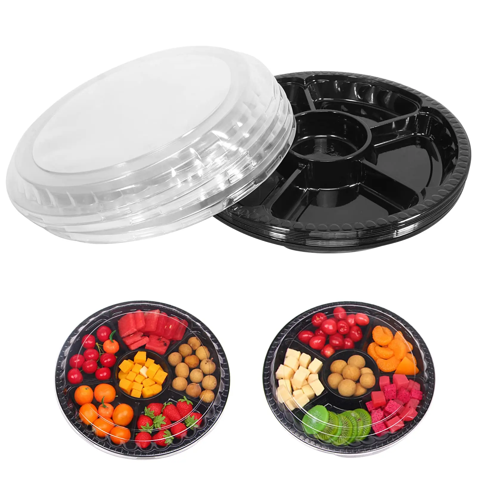 5-Pcs-Round-Plastic-Appetizer-Tray-with-Lid-Divided-Serving-Tray ...