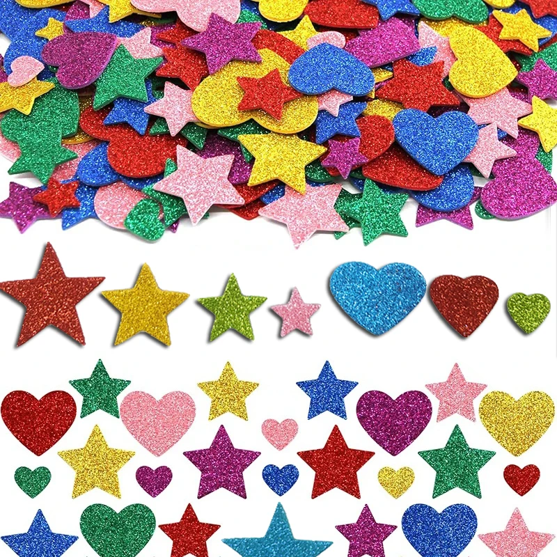 100pcs Sticky Glitter Foam Self Adhesive Sparkle EVA Stars Hearts ...