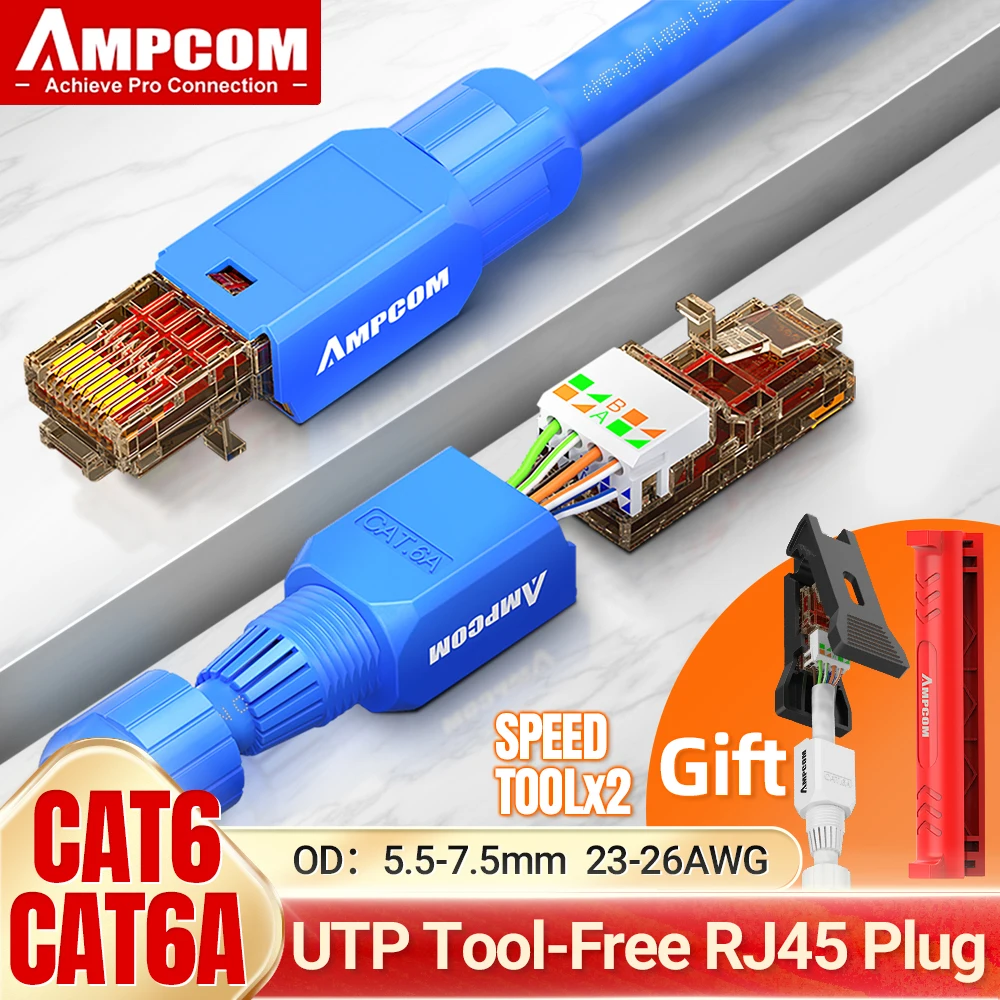 AMPCOM RJ45 Toolless Connector CAT6A CAT6 UTP Field Modular Plug Tool free Reusable Termination ...