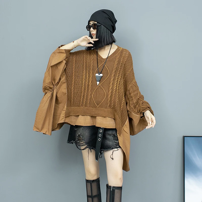 Oversized-Ruffle-Spliced-Irregular-Sweater-Women-Batwing-Sleeve ...