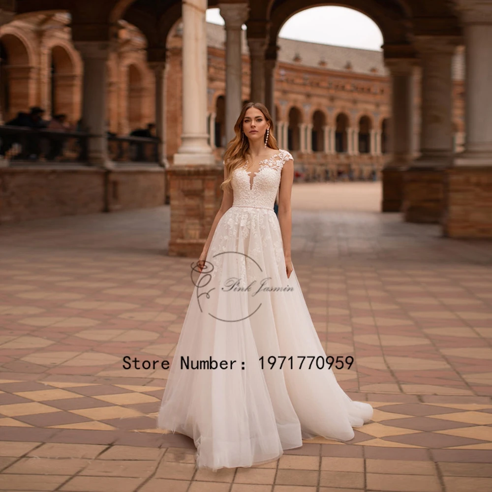 Elegant-Civil-Lace-Wedding-Dress-Ivory-Scoop-Neck-Cup-Sleeves-Glitter ...
