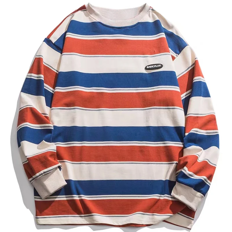 Hoodies listrados grandes para homens e mulheres, manga comprida, moletom com gola redonda ...