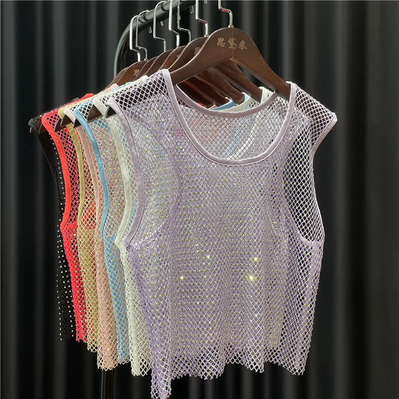Crystal-Diamond-Mesh-Tops-for-Women-Small-Vest-Round-Collar-Shirt-Tank ...