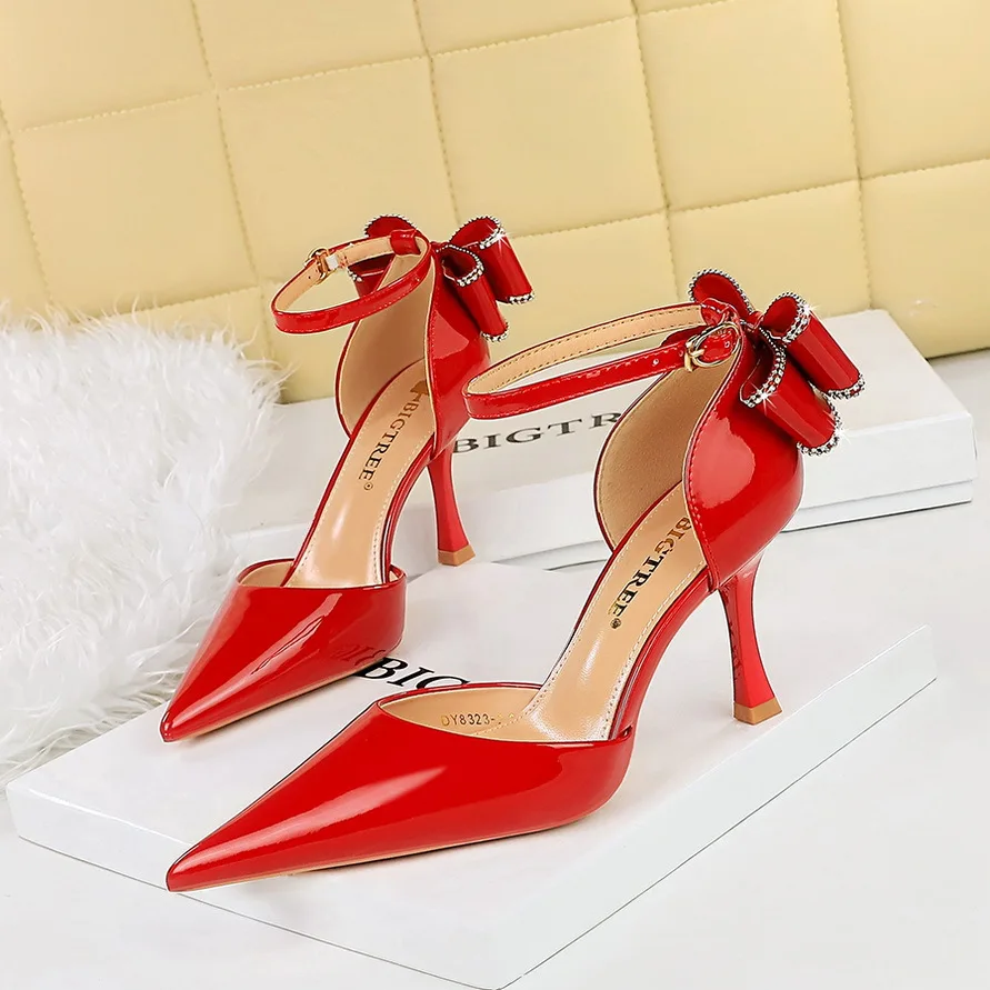 BIGTREE-Shoes-8Cm-Patent-Leather-Women-Pumps-Kitten-Heels-Back-Bowknot ...