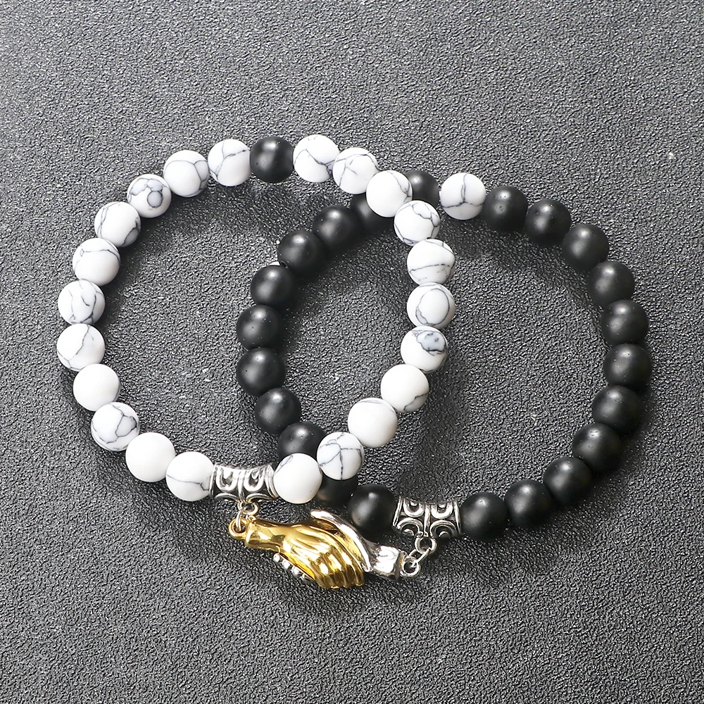 New 2Pcs/Set Beads Bracelet For Lovers Natural Stone Distance Handshake ...