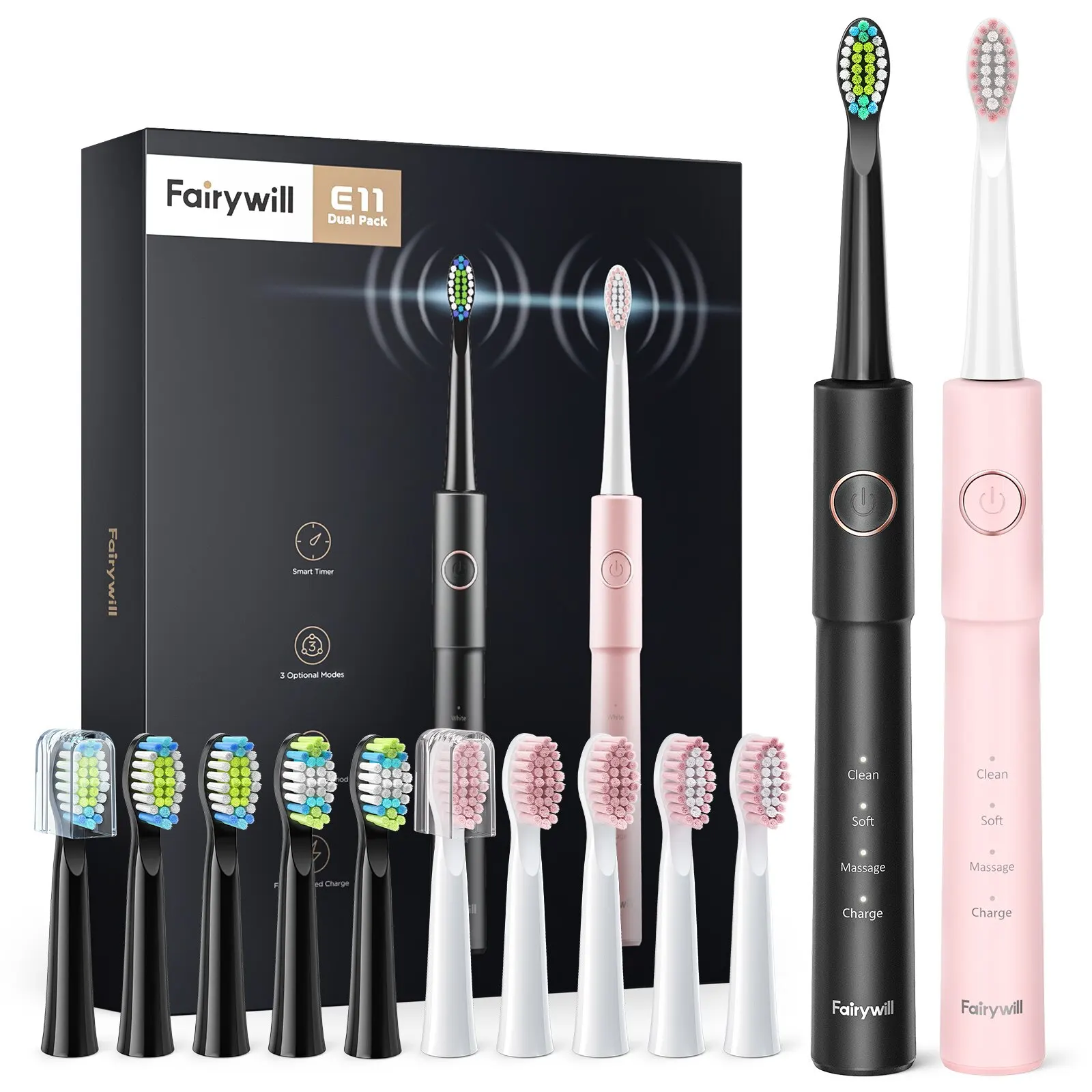 Fairywill Sonic Electric Toothbrush E11 Waterproof USB Charge With 8 ...