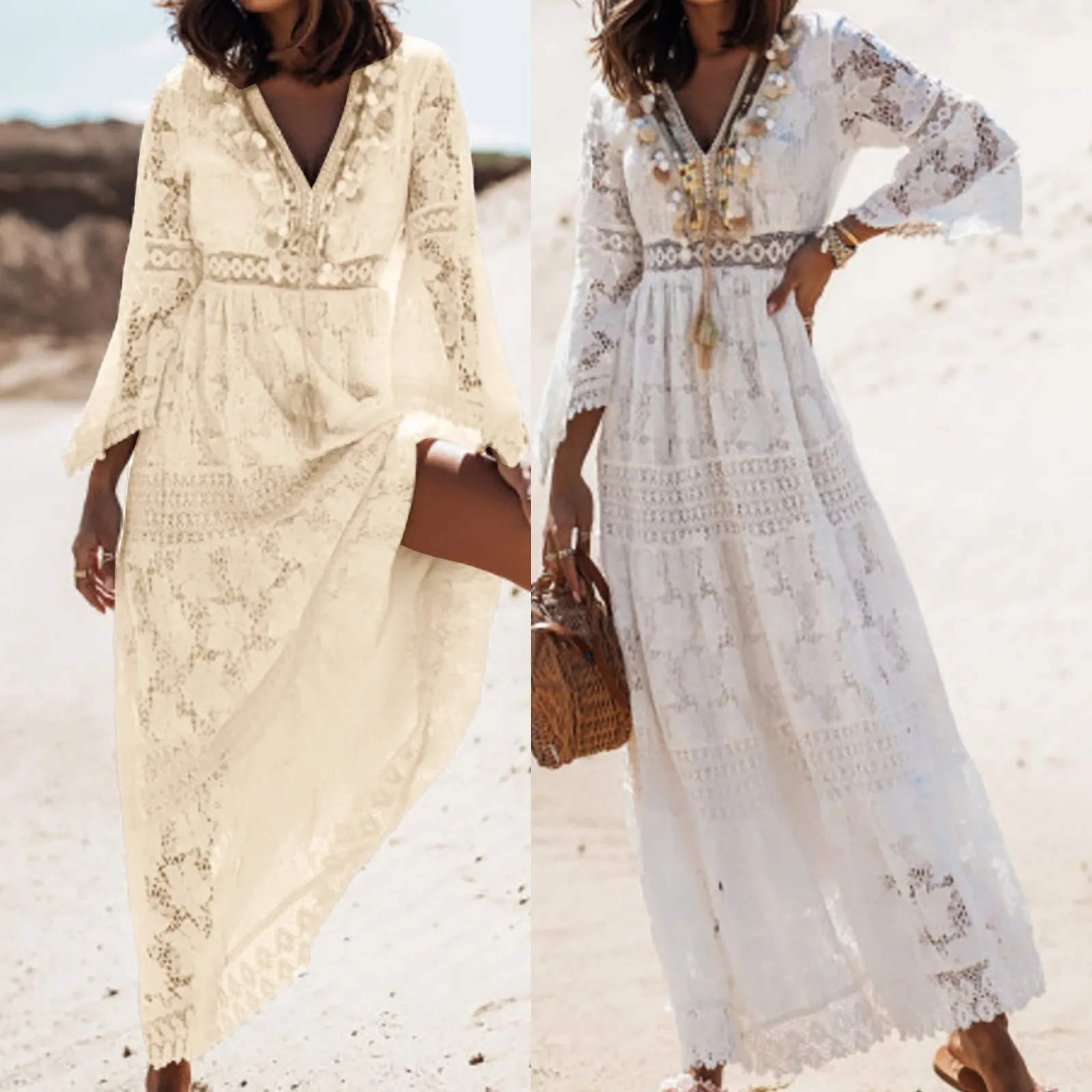 Summer-Boho-Long-Dresses-Women-V-Neck-Flare-Sleeve-Crochet-Lace-Holiday ...