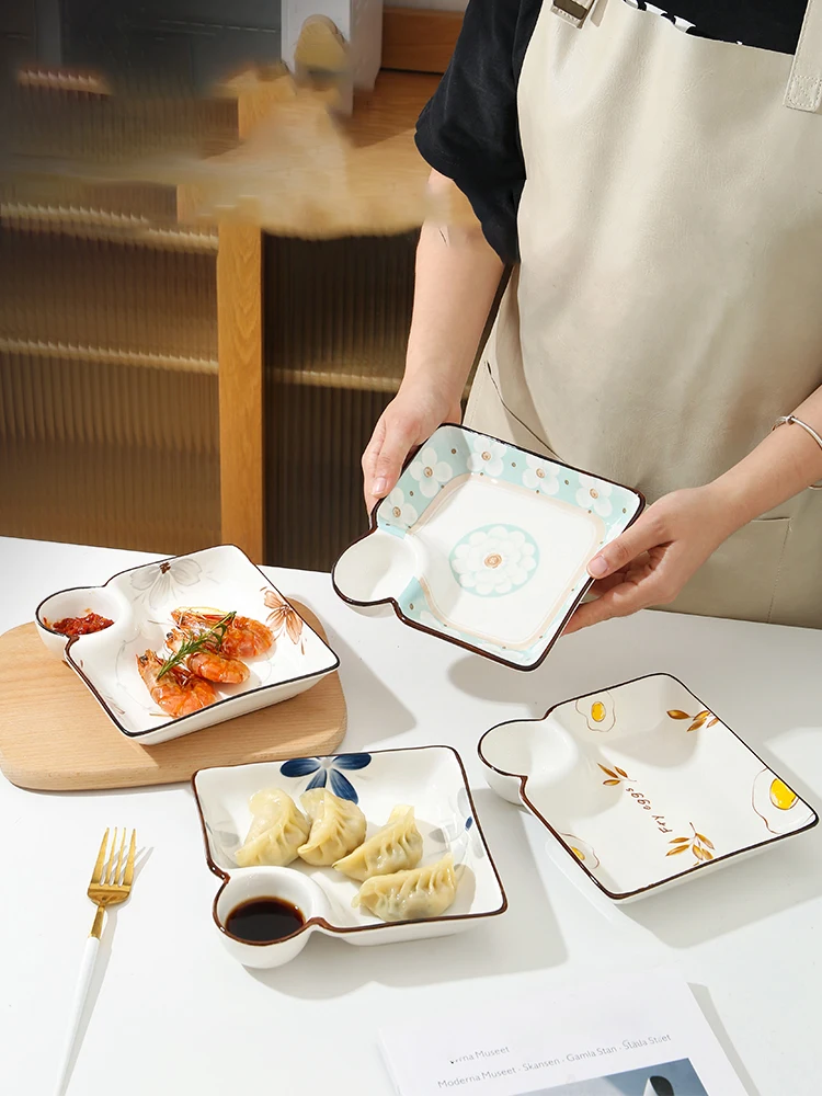 Dumpling-Plate-With-Dipping-Saucer-Household-Ceramic-Breakfast-Dim-Sum ...
