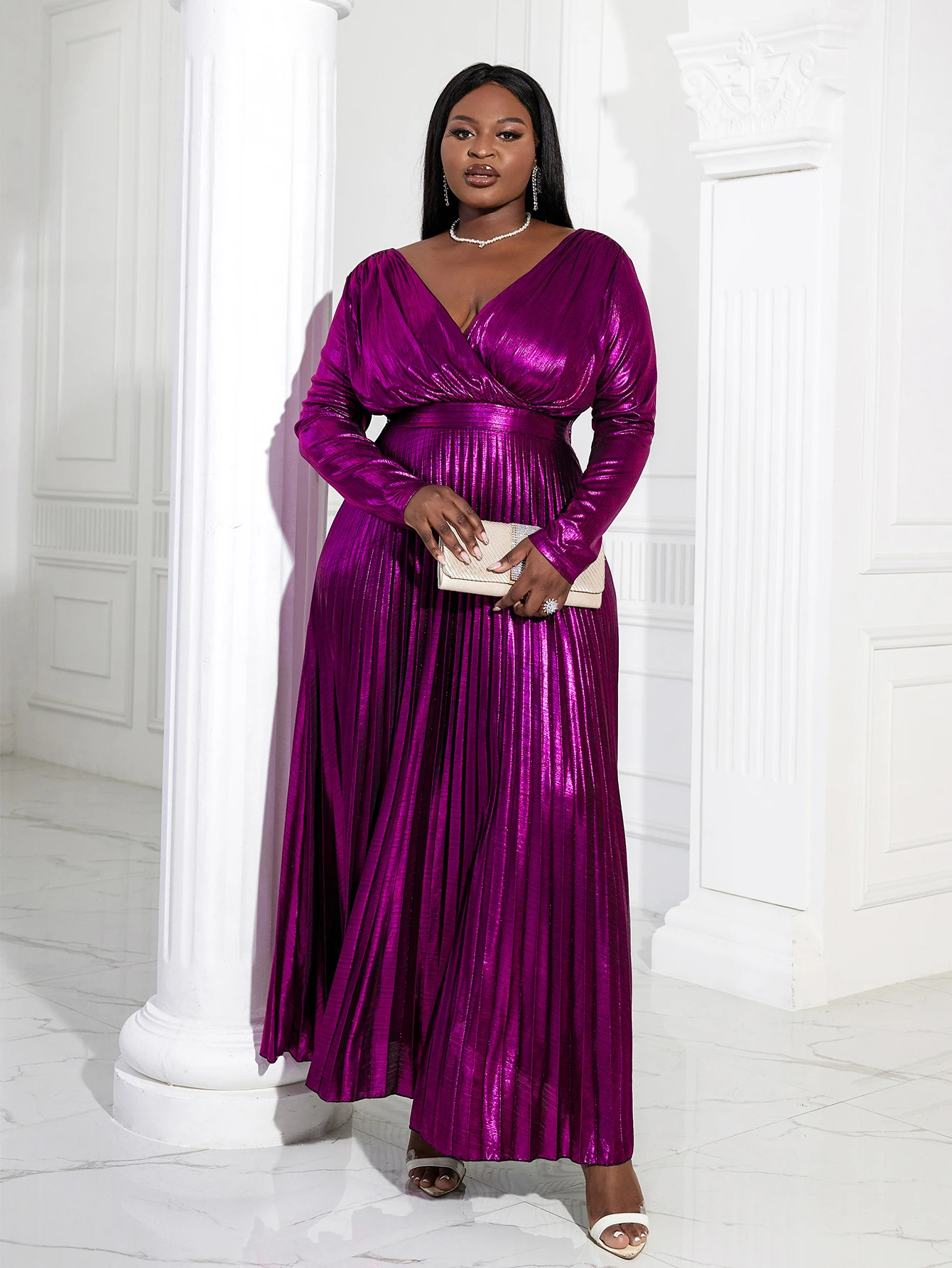 Plus Size Shiny Party Dress Purple Elegant Long Sleeve Evening Gold ...