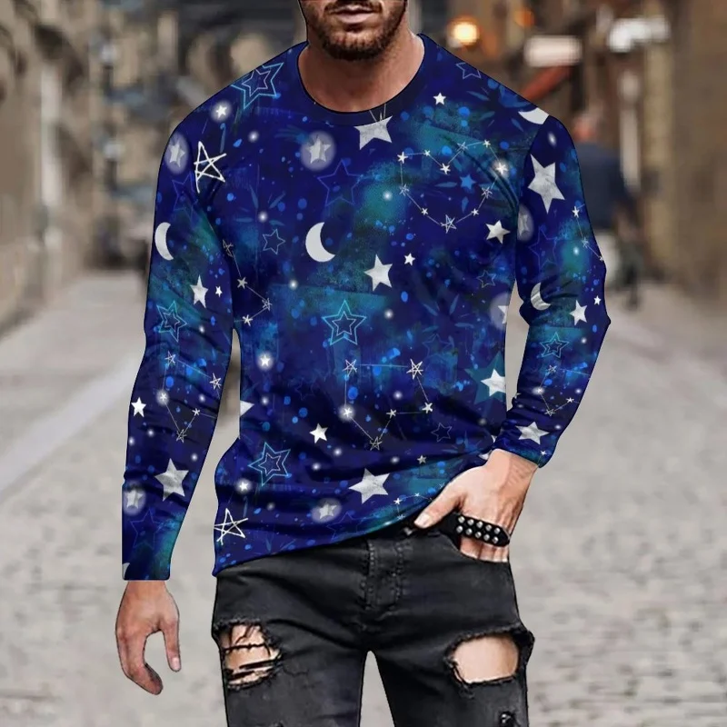 Night Sky Pattern T-Shirt For Men Colorful Star Moon 3D Printed T ...
