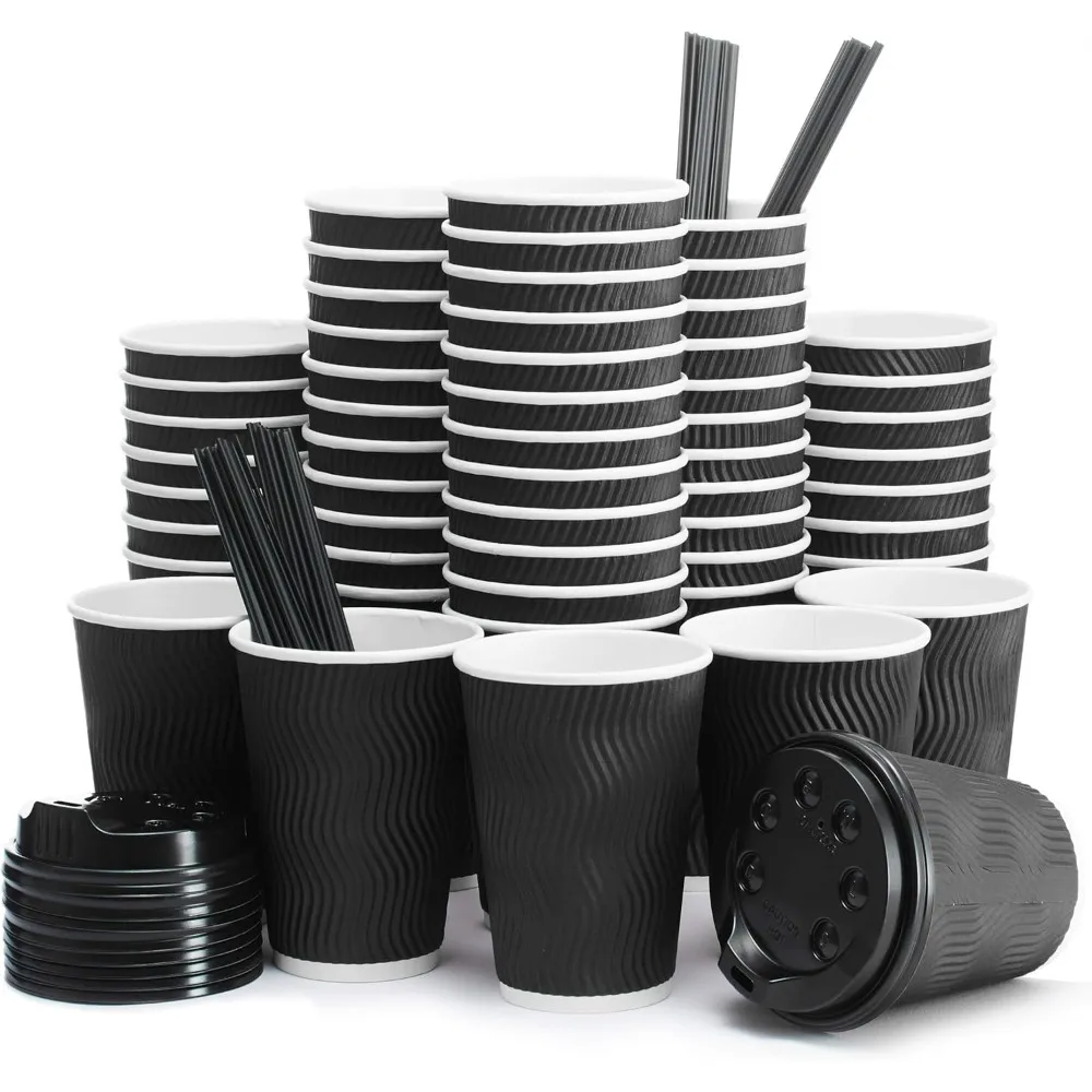 Insulated Disposable Coffee Cups 12 oz with Lids and Straws 100 Packs ...
