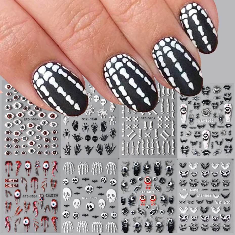 3pcs 5D Halloween Skeleton Stickers for Nails Cute Skull Bone Spider ...