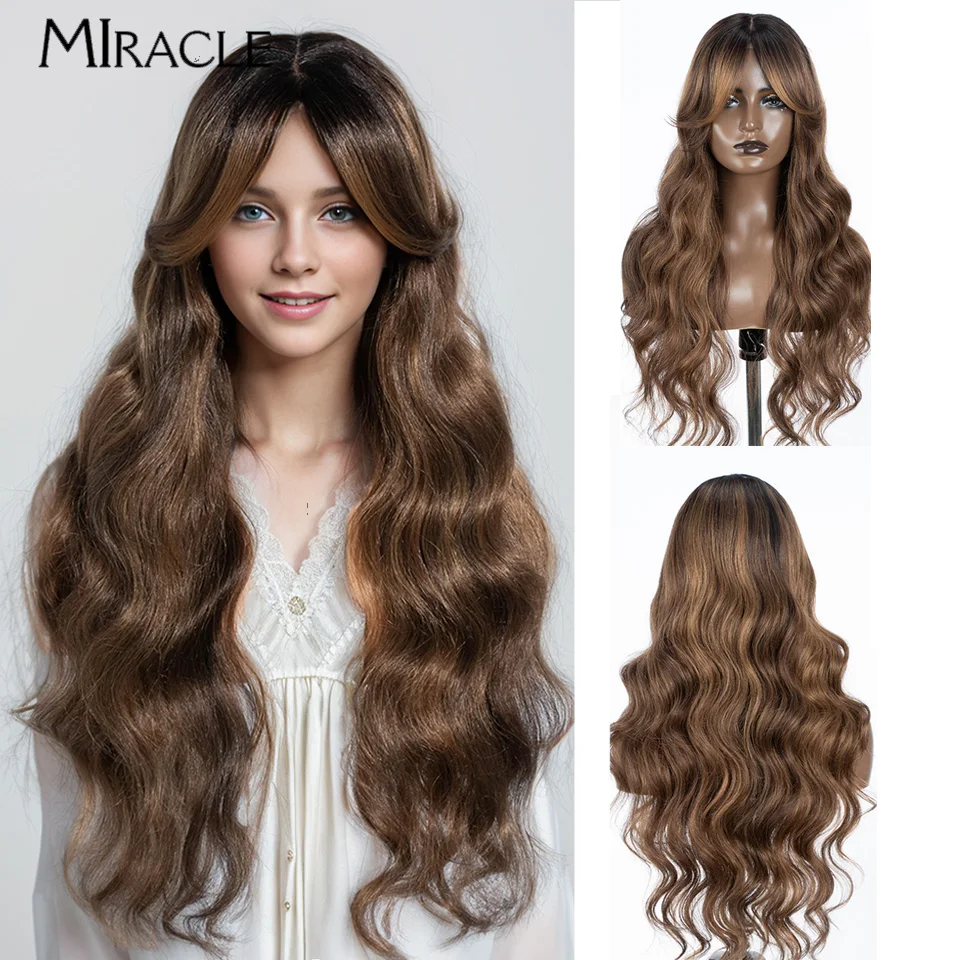 MIRACLE Synthetic Lace Front Wig With Bangs 28 Inch Loose Wave Lace Wig ...