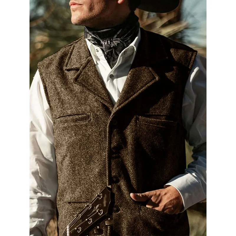 Men's Vest Coffee Herringbone Wool Vest Wedding Groom Vest Western ...