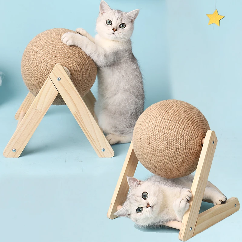 Cat Scratching Ball Wood Stand Pet Furniture Sisal Rope Ball Toy Kitten ...