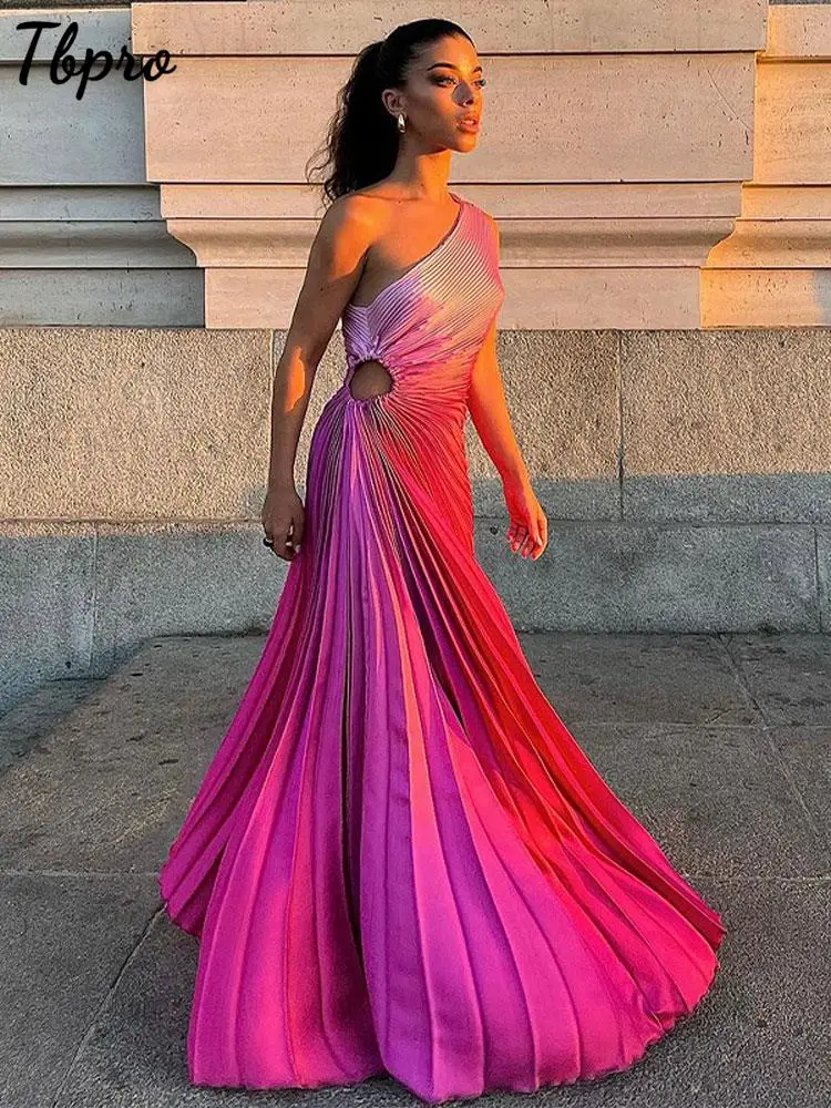 Women-s-Gradient-Pleated-Diagonal-Collar-Maxi-Dresses-Hollow-Out ...