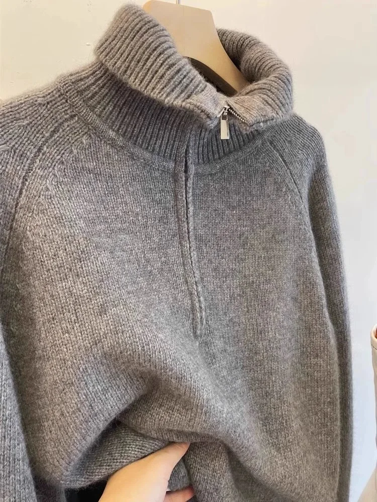 High-necked semi-zipper 100% pure cashmere sweater loose thick high-end ...