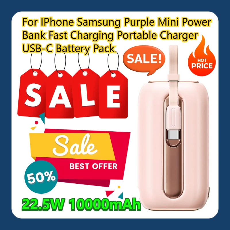For IPhone Samsung Purple 10000mAh Mini Power Bank 22.5W Fast Charging ...
