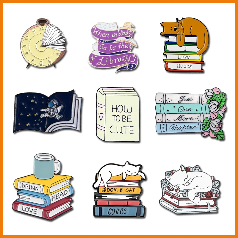 Fashion-Cartoon-Books-Metal-Enamel-Brooch-Cute-Clock-Starry-Cat-Kitty ...