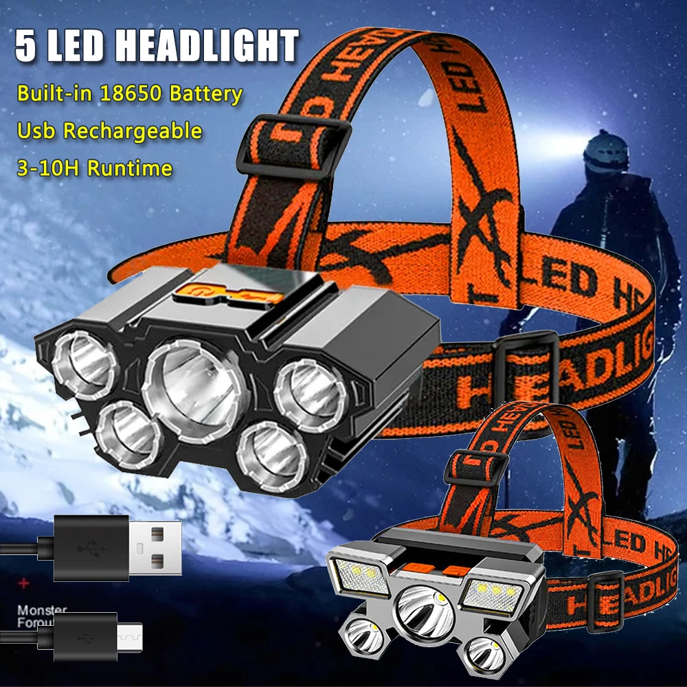 5-Led-Strong-Headlight-Super-Bright-Head-Mounted-Flashlight-Usb ...