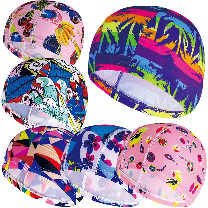 Men-Women-Fabric-Swimming-Caps-Multi-Colors-Patterns-Printed-Swim-Pool ...