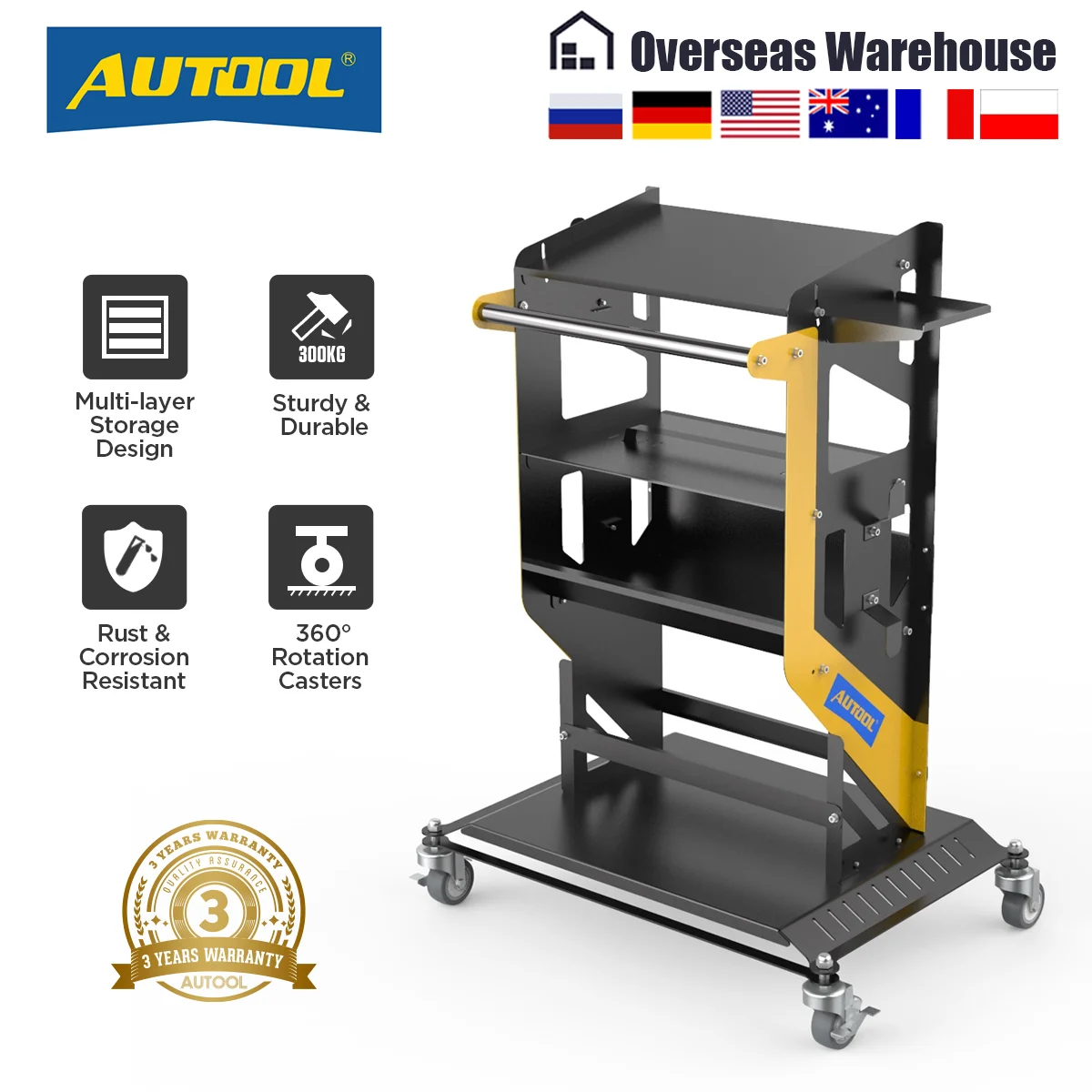 AUTOOL 3X Tier Rolling Tool Cart Tiered Storage 661 LBS Capacity Heavy ...