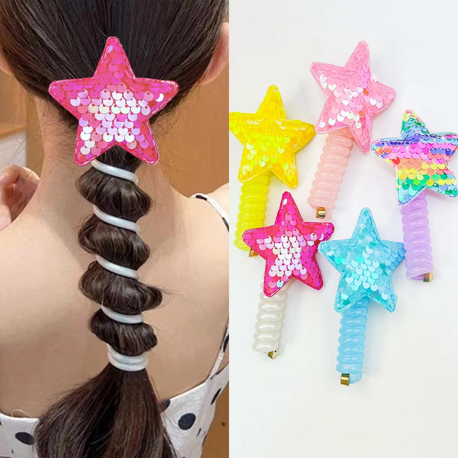 Girls-Elastic-Star-Hair-Rope-Cute-Candy-Color-Telephone-Wire-Line ...